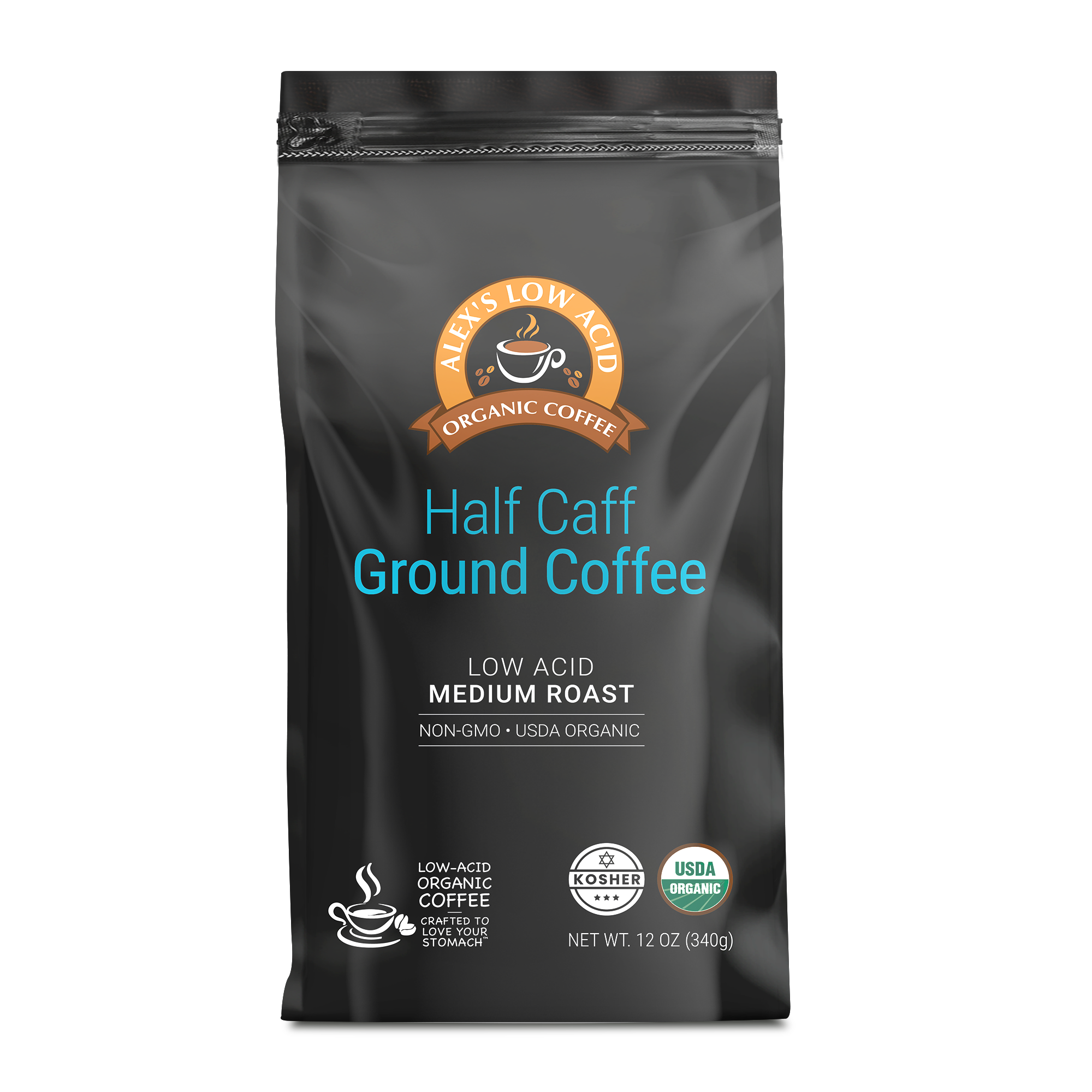 Alex's Low-Acid Organic Coffee™ - Half Caff Fresh Ground (12oz)