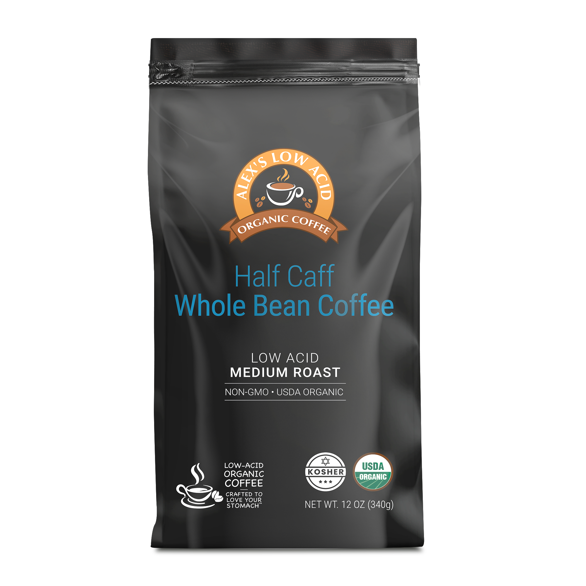 Alex's Low-Acid Organic Coffee™ - Half Caff Whole Bean (12oz)
