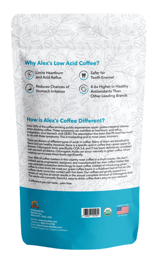Alex's Low-Acid Organic Coffee™ - Half Caff Fresh Ground (12oz)